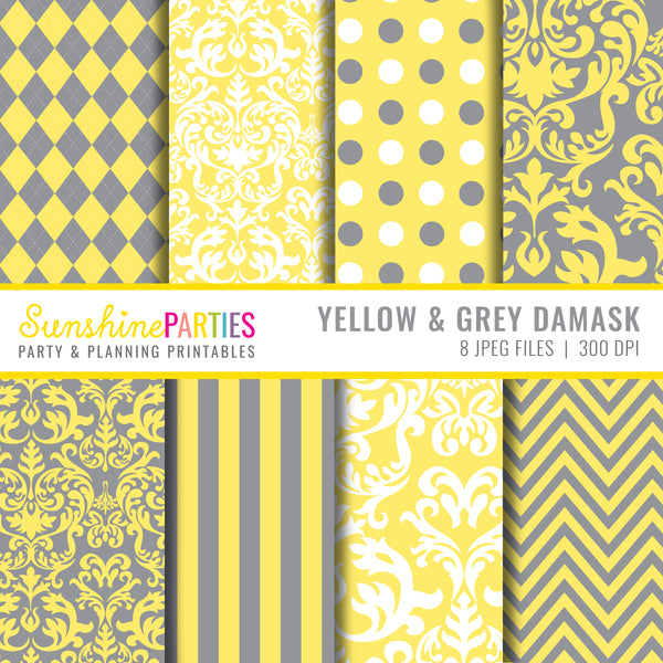Damask Yellow and Gray Digital Paper Set | Digital Paper Bundle | Dama ...