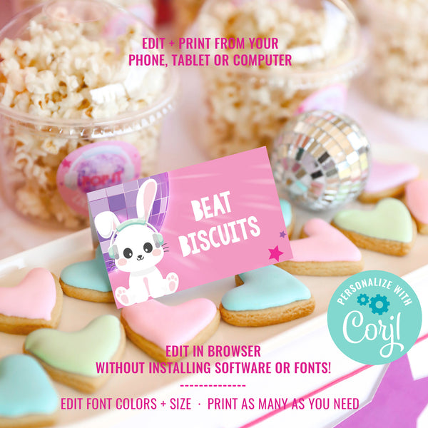 DJ Disco Bunny Birthday Party Food Labels | DJ Bunny Rabbit Party Tent ...