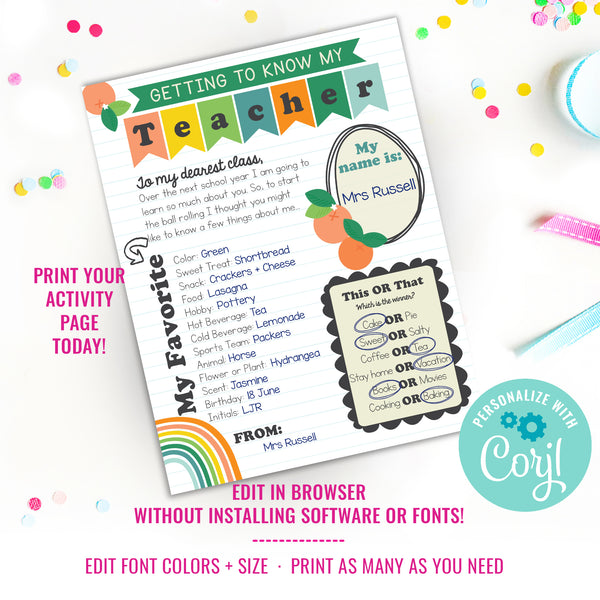 Favorites Teacher Survey | Printable Back To School Questionnaire For ...