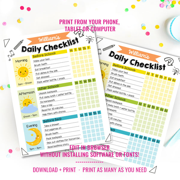 Kids Daily School Checklist Schedule Printable | Editable Chore Chart ...