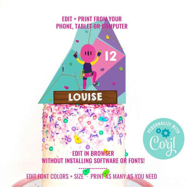 Rock Climbing Girls Party Cake Topper | Indoor Climbing Party Digital ...