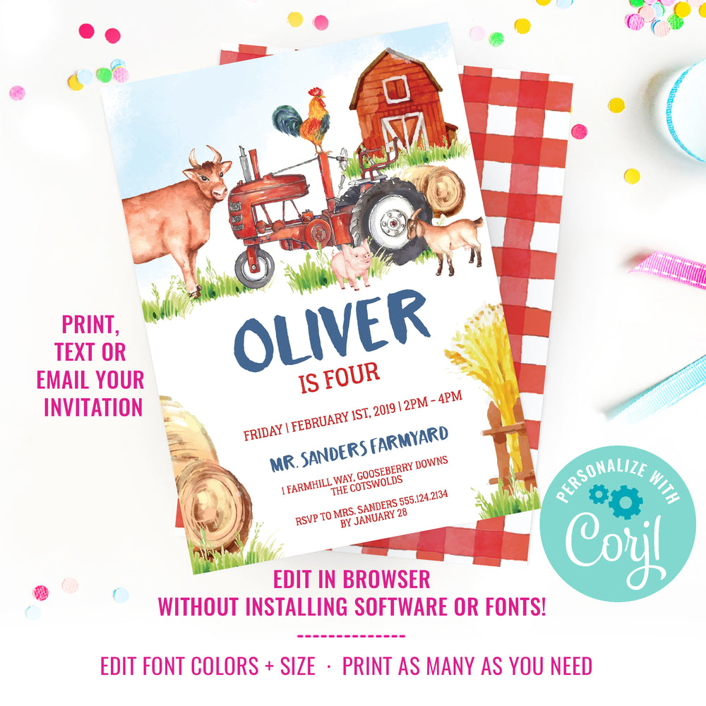 Farm Birthday Invitation Print Template EDITABLE Farm Birthday